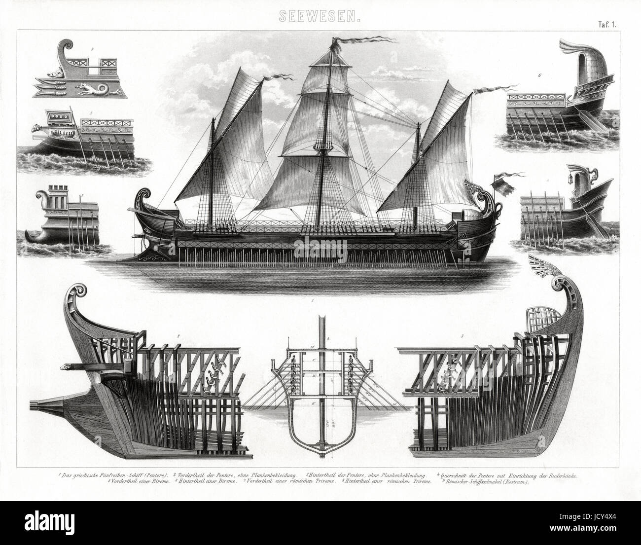 German Bilder Print of the Ancient Greek Trireme Warship with three ...