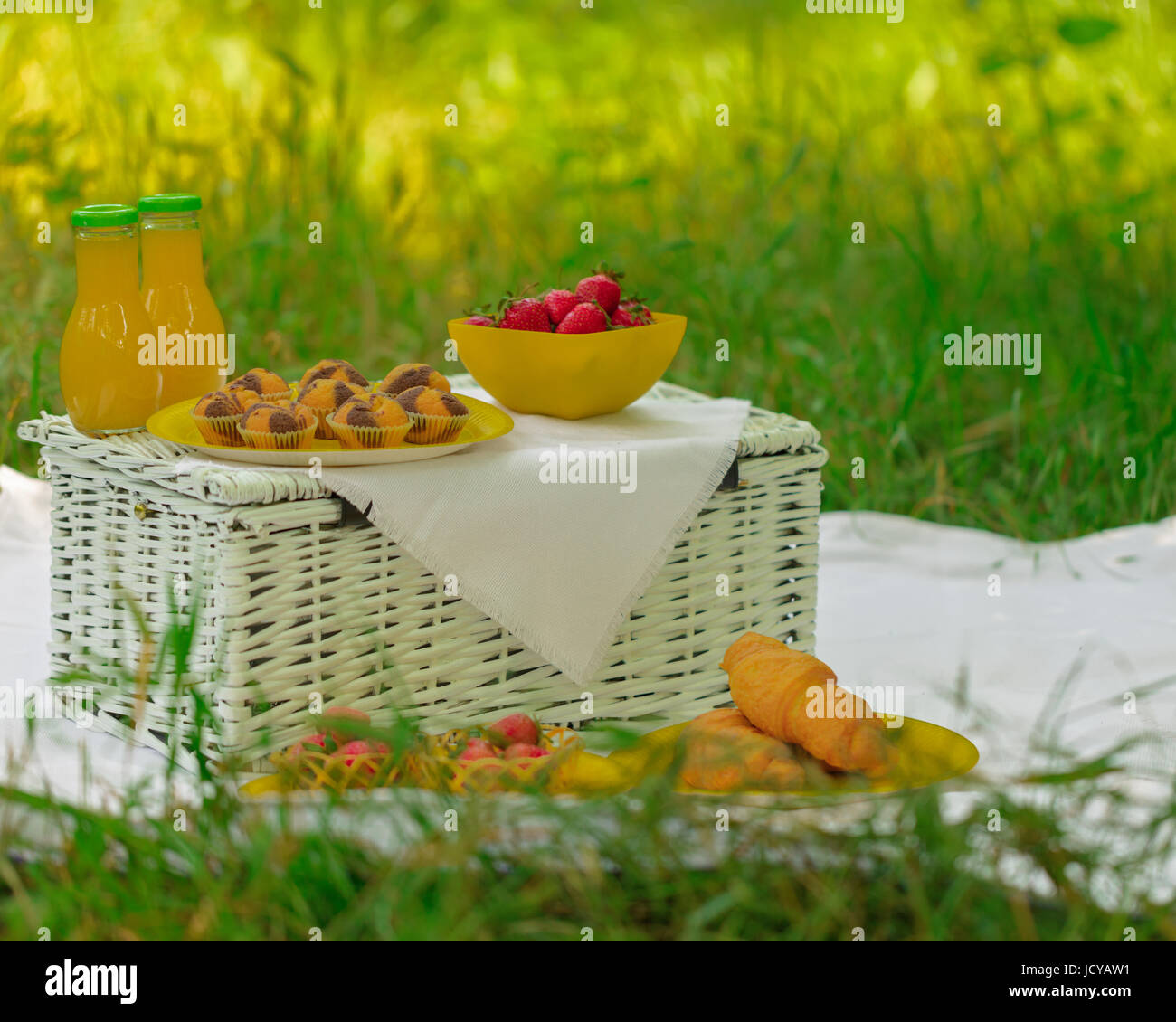 Summer time: picnic on the grass - cakes and croissants, juice and ...