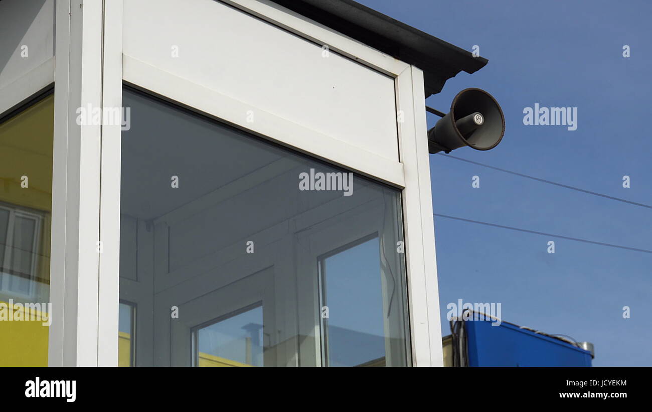column loudspeaker Megaphone pole on the booth in the sky Stock Photo ...