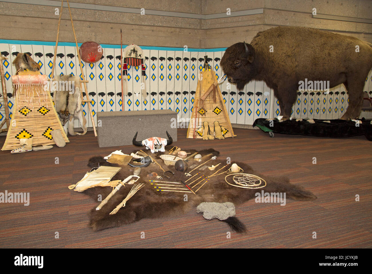 Recreated implements by a stuffed bison at Head-Smashed-In Buffalo Jump ...