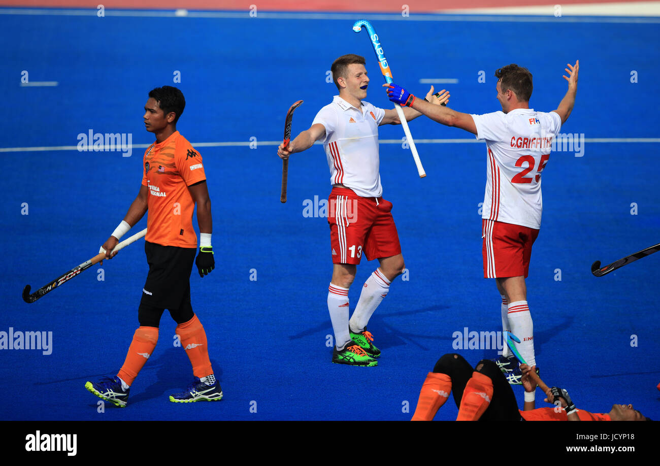 England's Sam Ward (left) celebrates scoring a goal during the Men's ...
