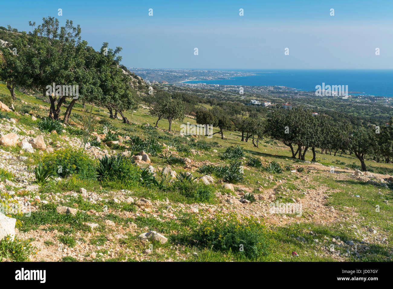 Aerial view Looking east to Coral bay and Paphos coast, south western ...