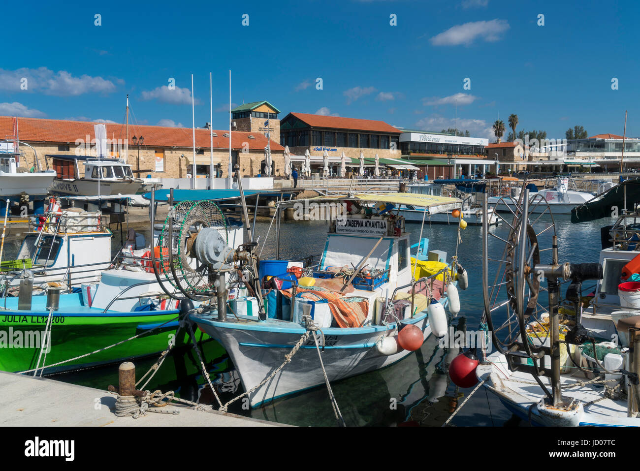 Paphos harbour, tourist area, souvenir shops, sea front, Cyprus Stock ...