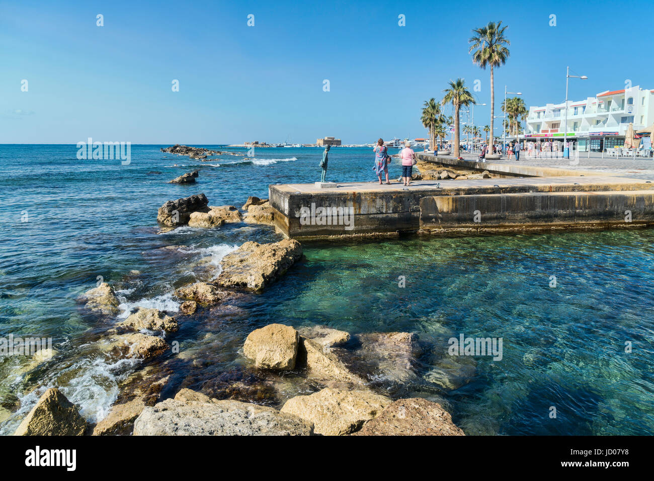 Paphos harbour, tourist area, souvenir shops, fisherboy statue, sea ...