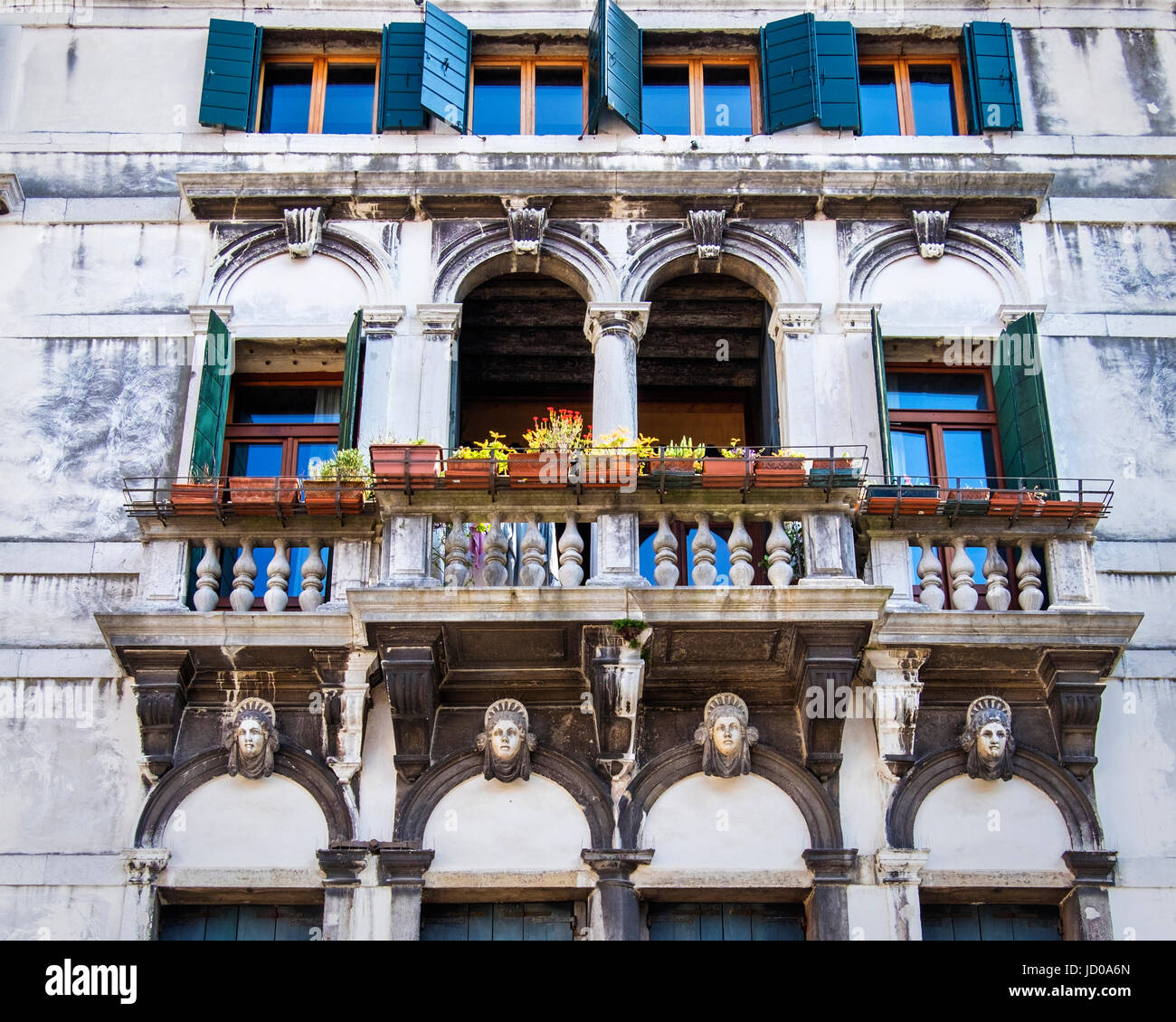Venice Italy.Venetian weathered building exterior facade with elegant ...