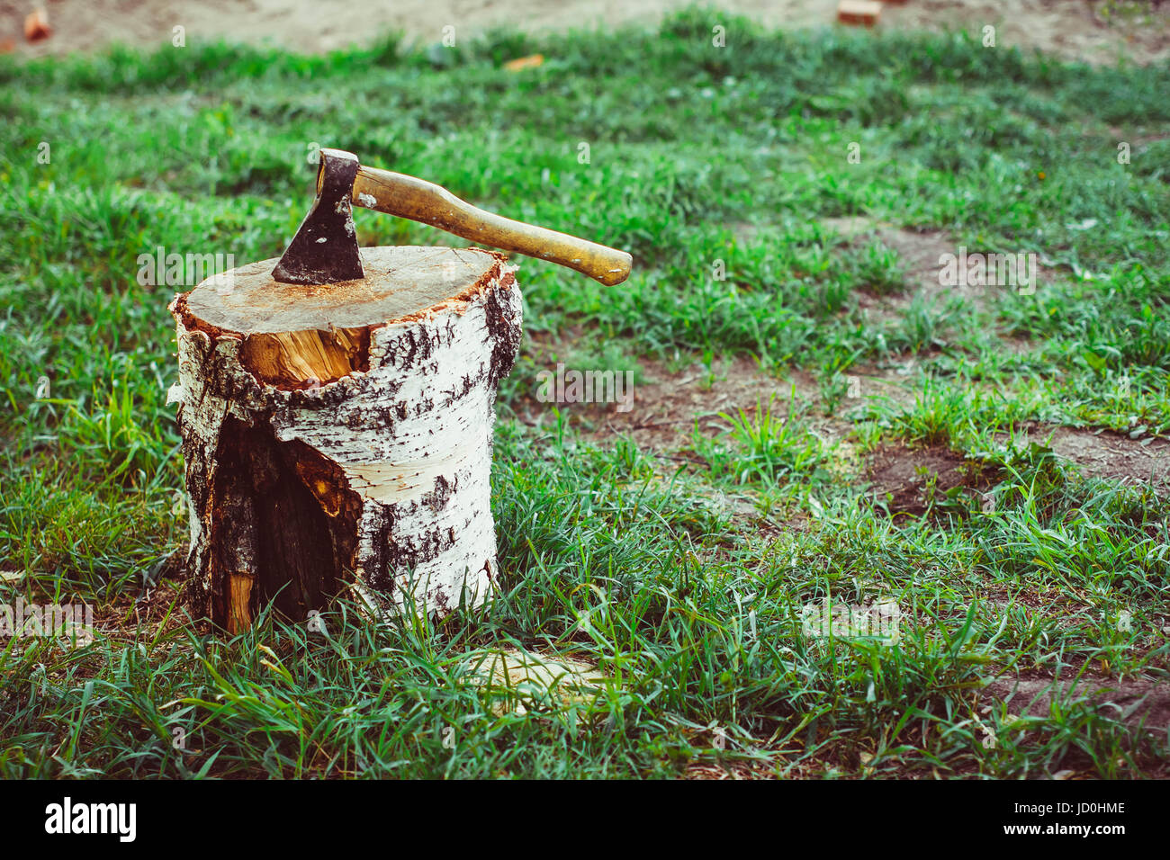 Ax in a log standing on a grass Stock Photo - Alamy