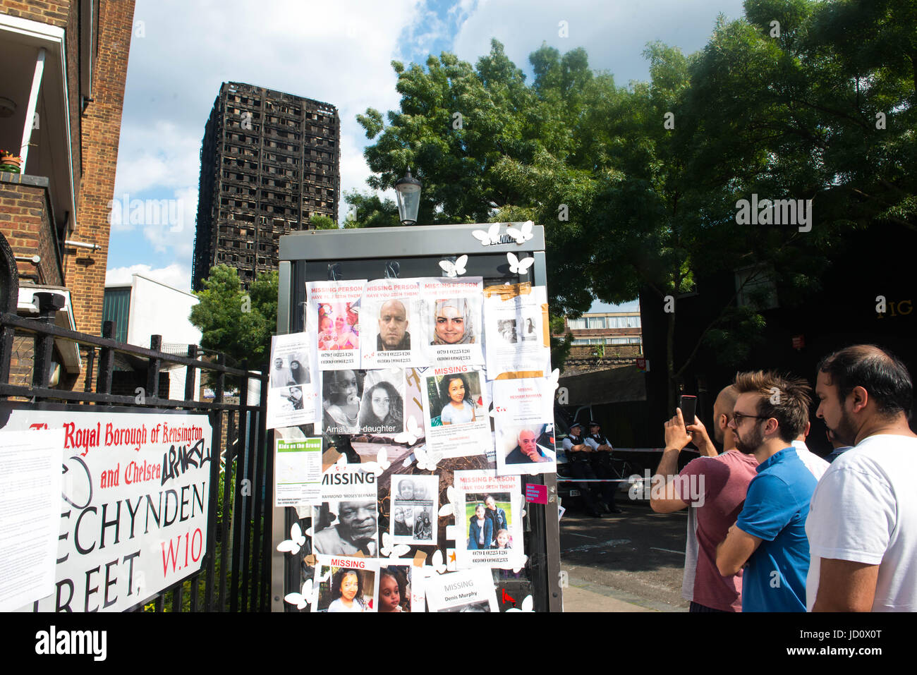 London, United Kingdom. 17th June 2017. Images of missing people posted ...