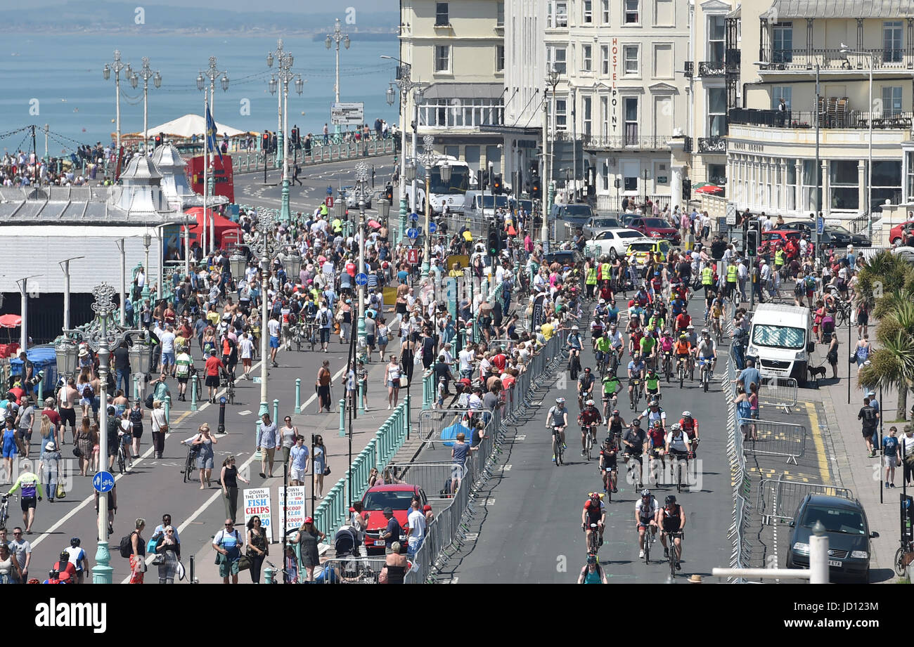 Brighton, UK. 18th June, 2017. Cyclists near the finishing line in ...