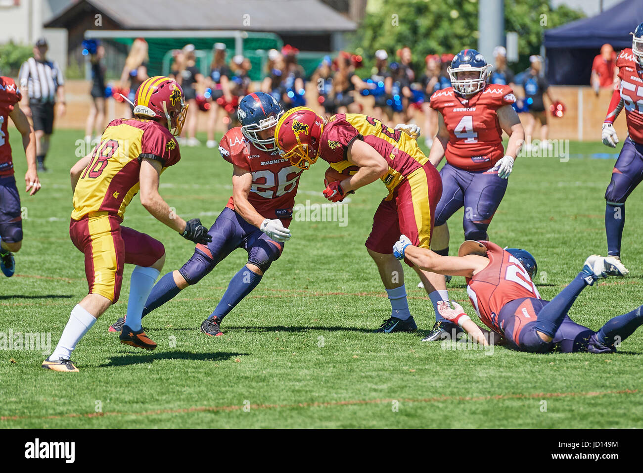 Chur, Switzerland. 18th June, 2017. Tackle from Broncos Defense during ...