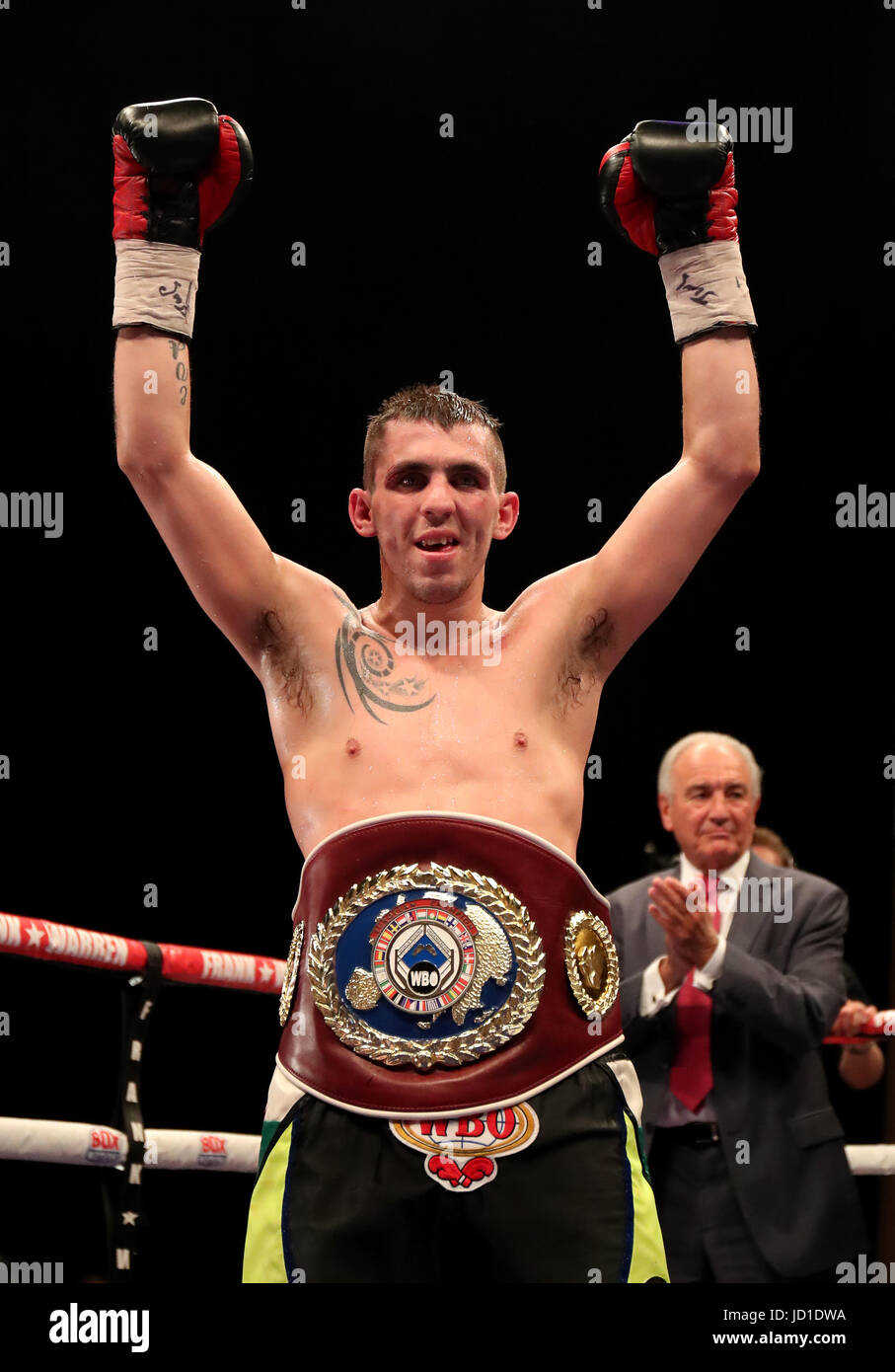 Craig Evans celebrates victory over Stephen Ormond in the WBO European ...