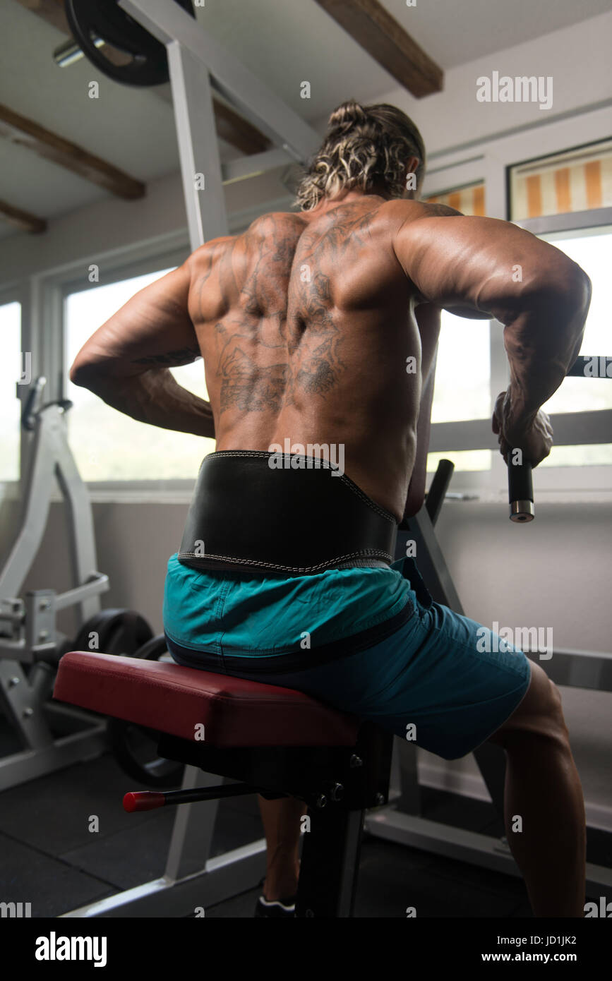 Handsome Bodybuilder Doing Heavy Weight Exercise For Back On Machine ...