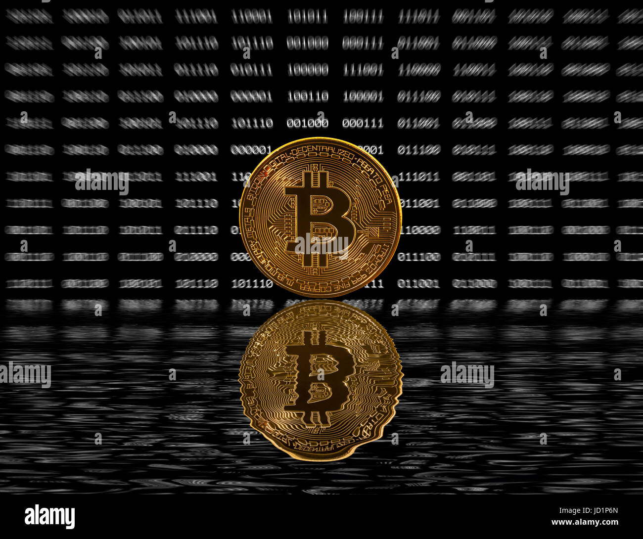 Single bitcoin coin on black digital background with reflection Stock ...