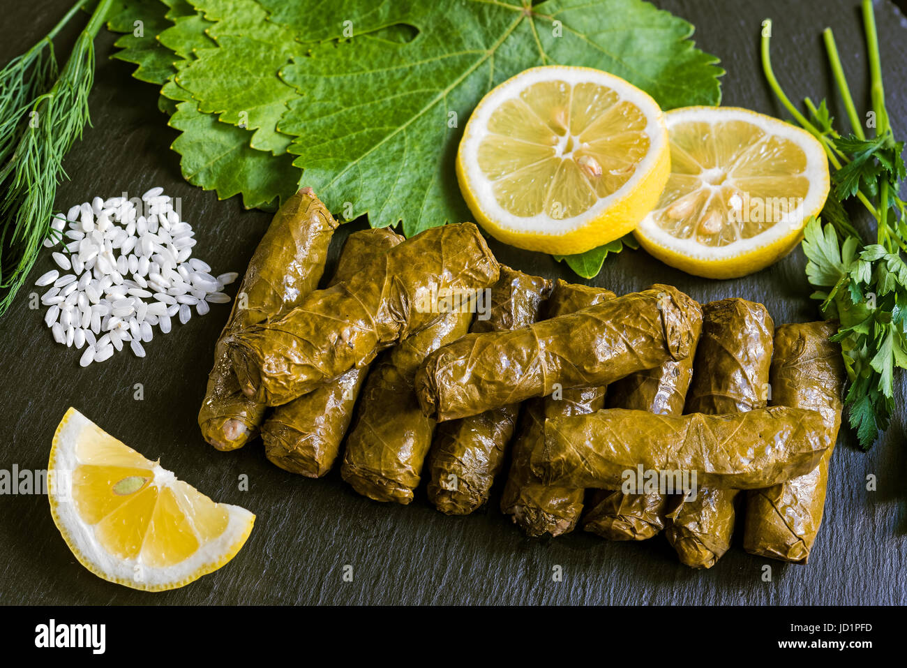 Delicious stuffed grape leaves (the traditional dolma of the ...