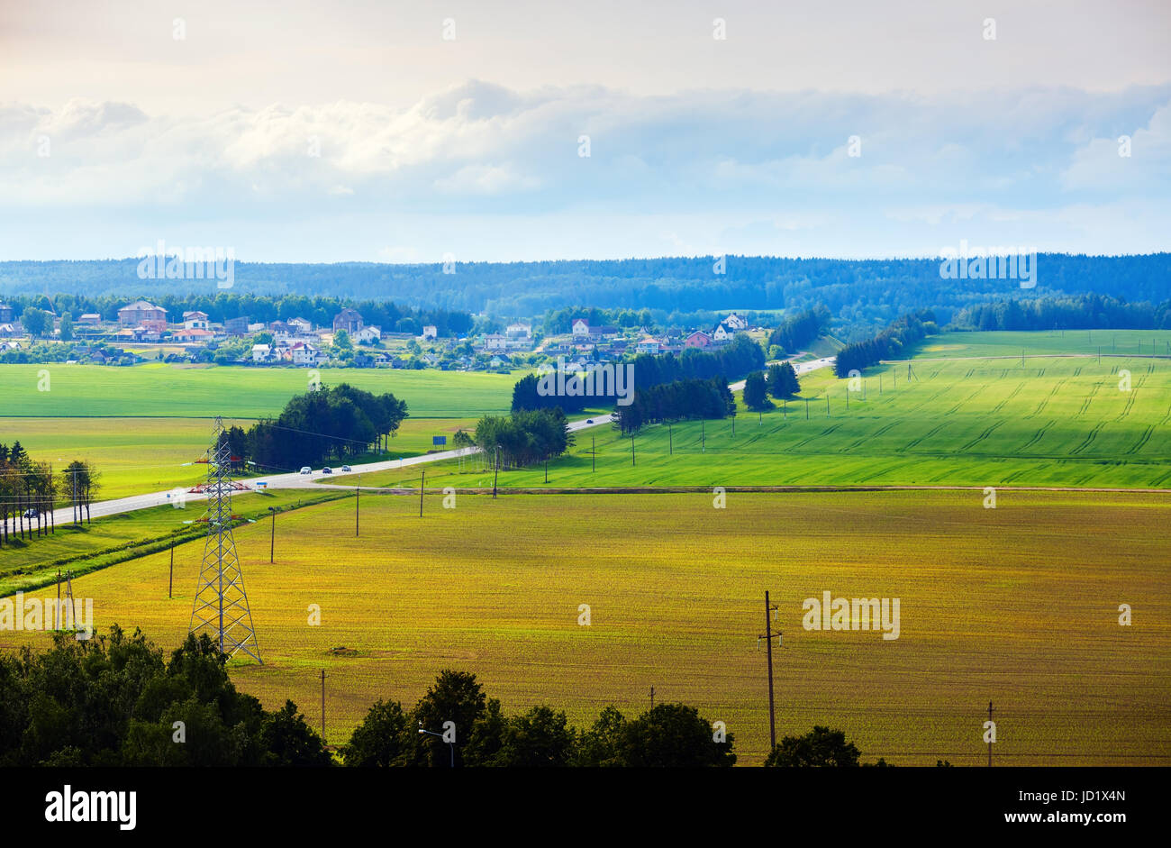 Bright summer countryside landscape. Meadows, fields, trees, road and ...