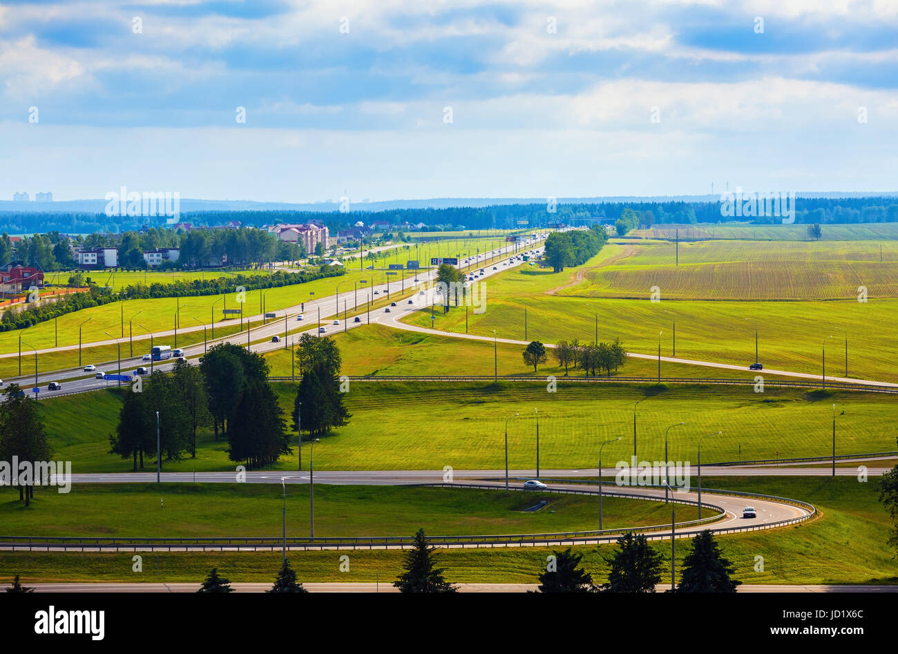 Summer landscape with green fields and roads. Minsk region, Belarus ...
