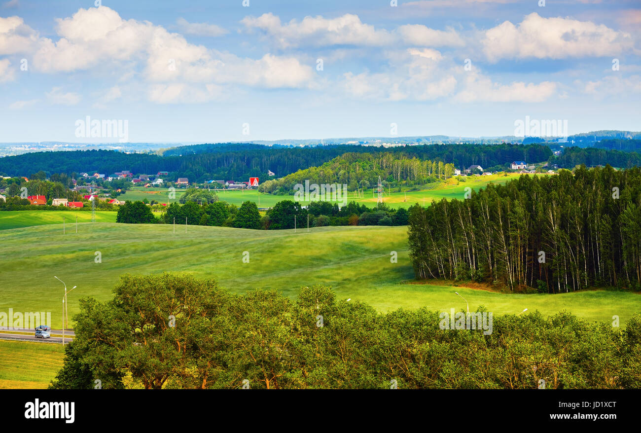 Summer rural landscape. Green fields, trees and blue sky with clouds ...