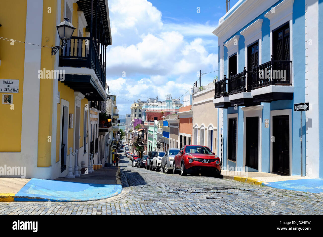 Puerto Rico, Old San Juan, Street with typical Colonial architecture ...