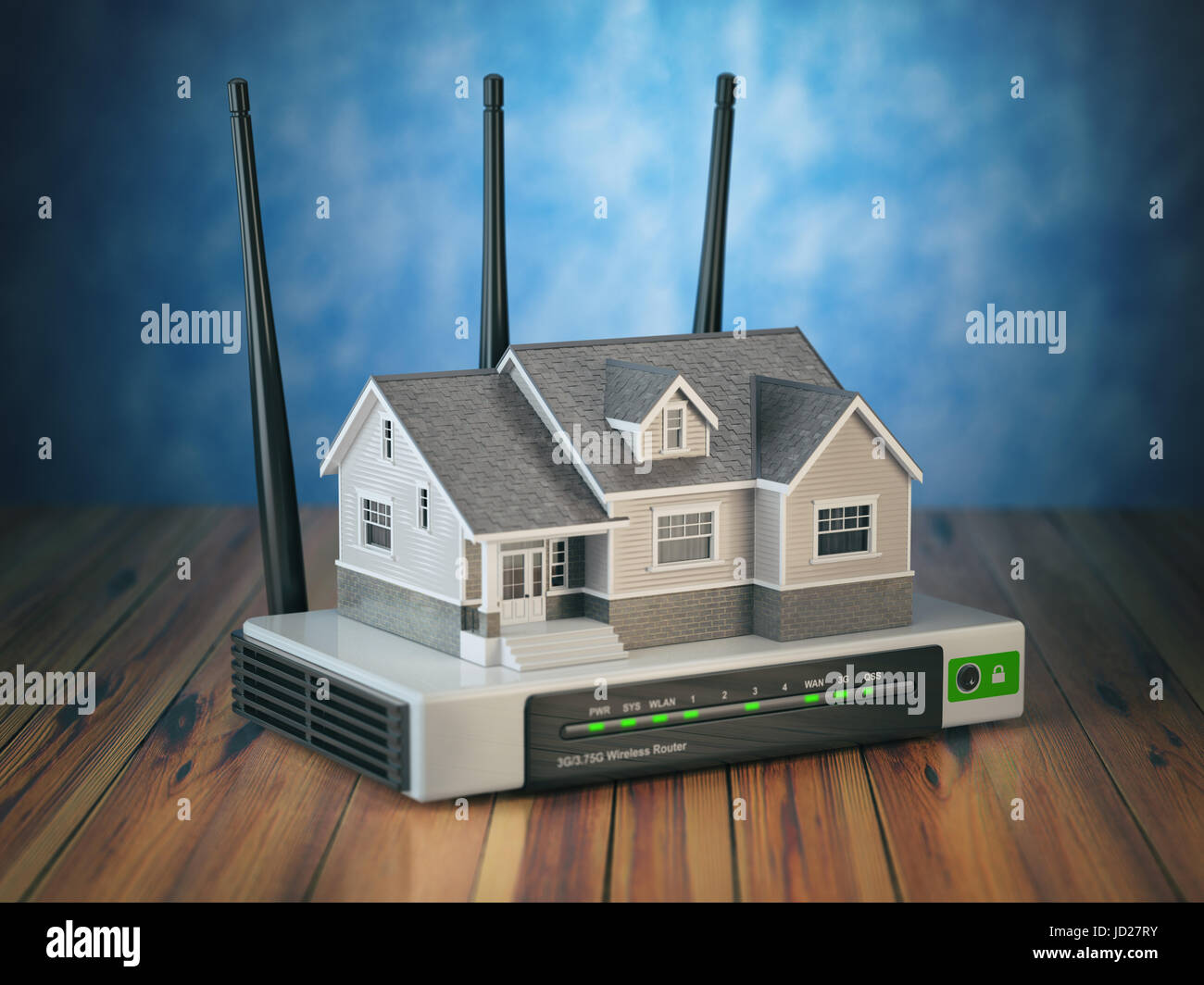 Home wireless network. House and wi-fi router on wooden table and blue ...