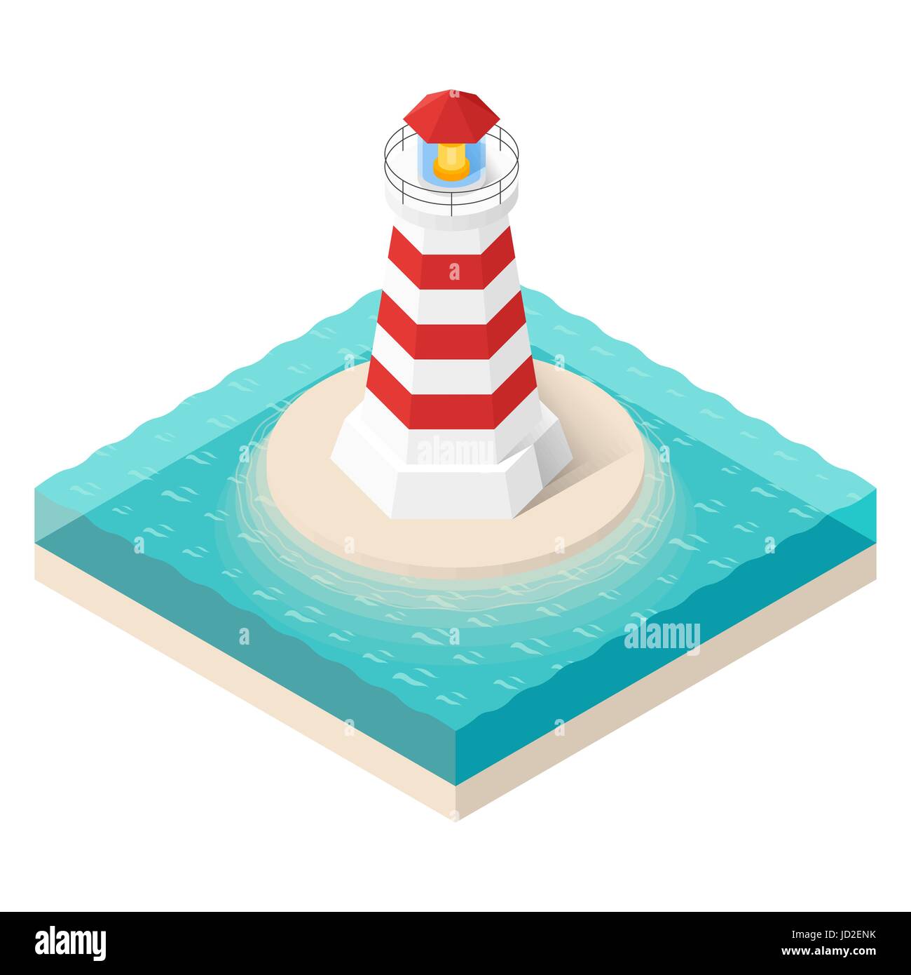 Vector illustration of isometric lighthouse. Searchlight tower in ocean ...