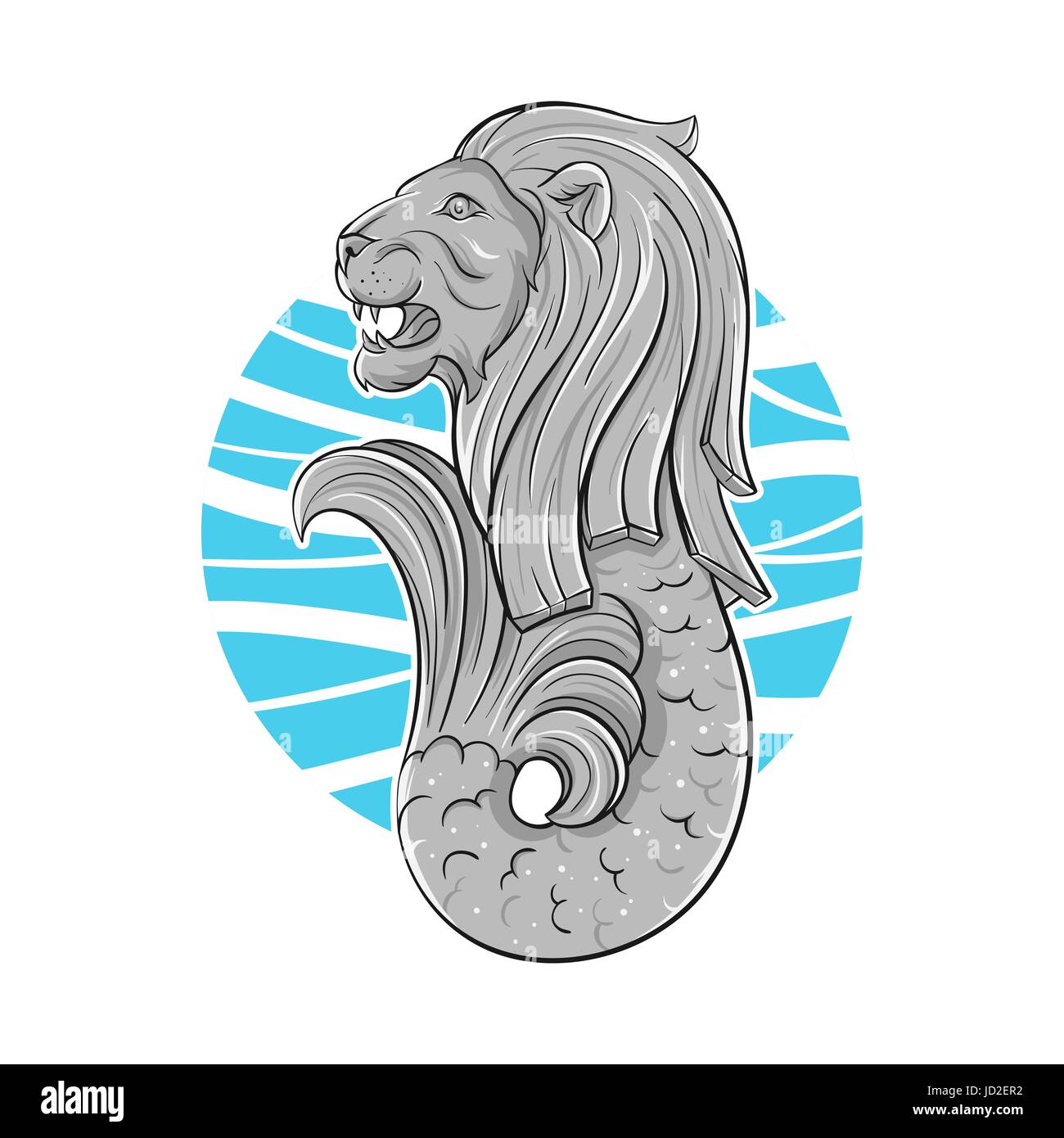 Vector hand drawn illustration of Singapore symbol lion with fish tail ...