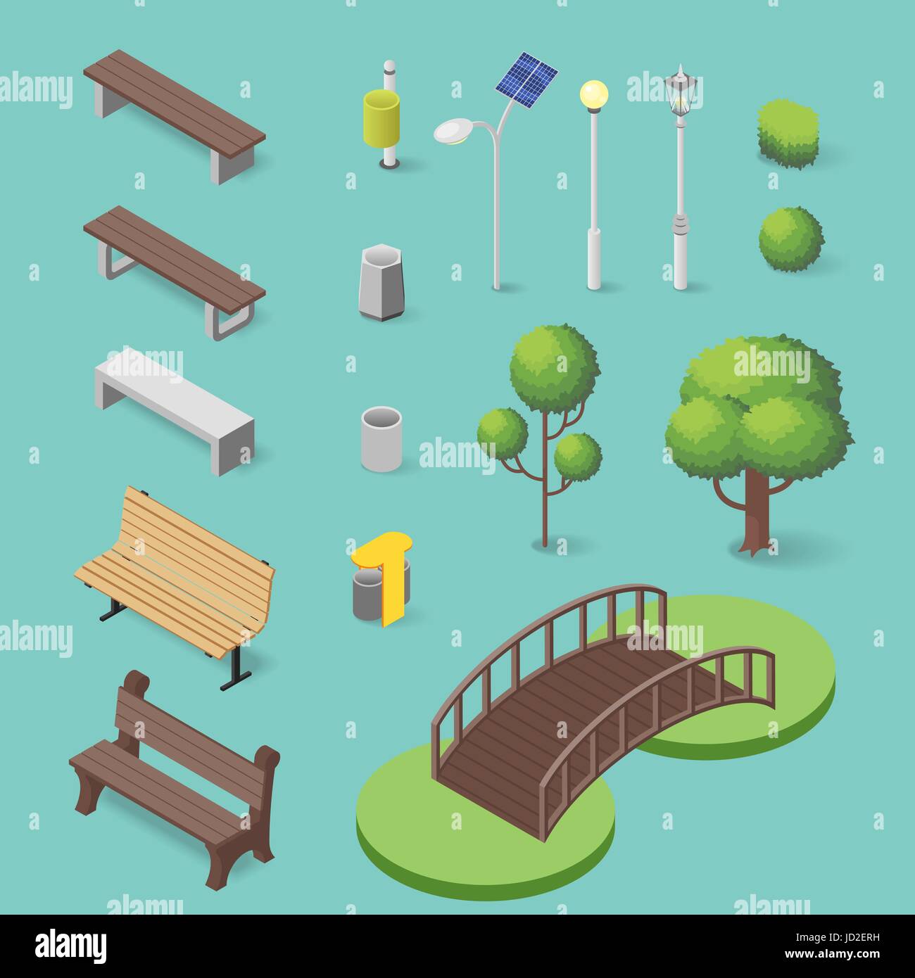 Vector set of isometric park objects: bench, trash box, trees and lamps ...