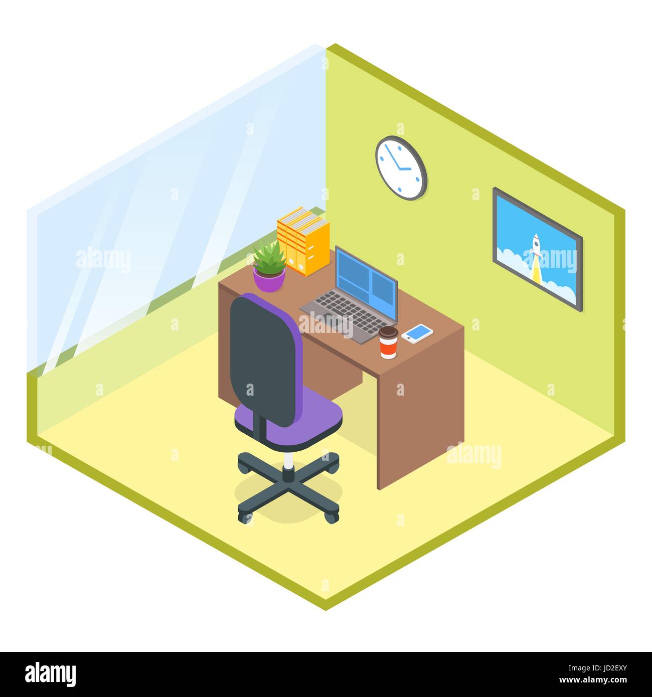 Vector isometric modern office room. 3d, computer, telephone, table ...