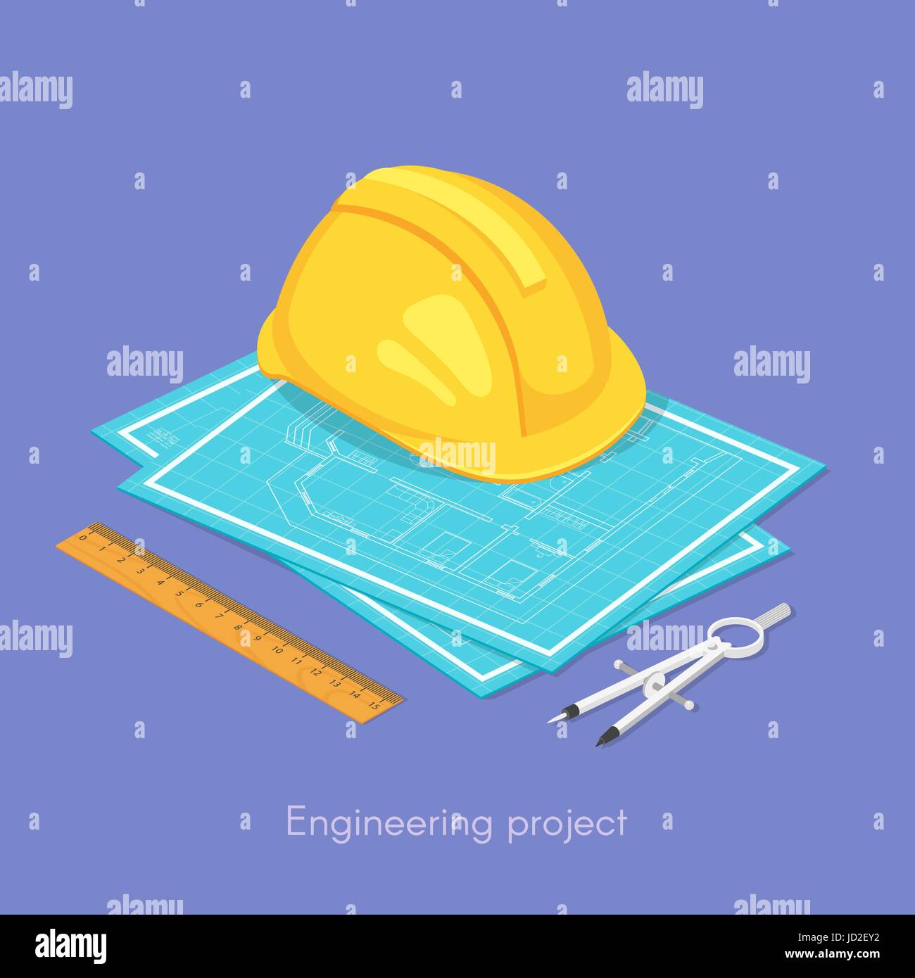 Vector 3d isometric concept of engineering project. Hard hat on the ...
