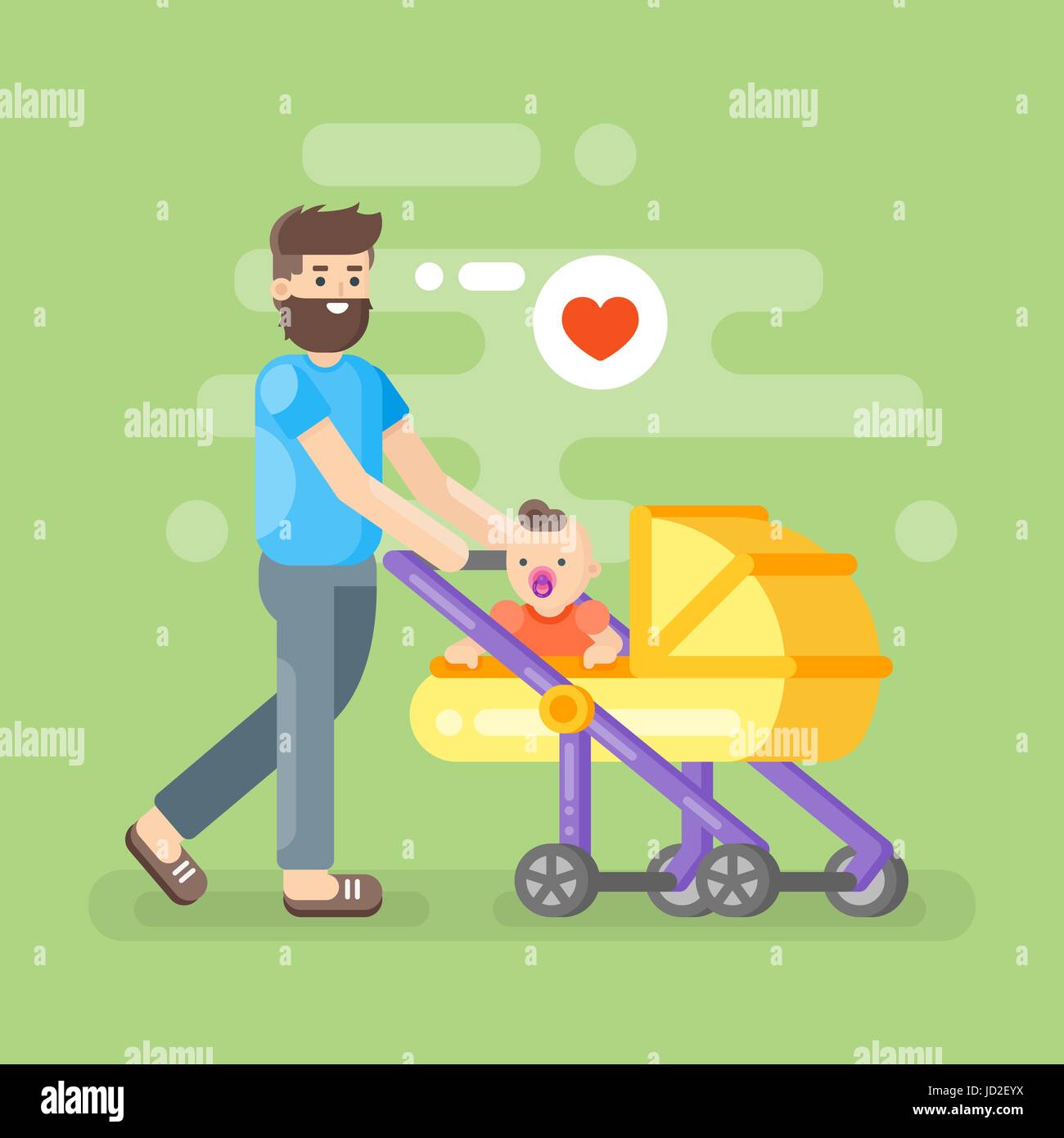 Vector illustration of happy father caring his kid in baby stroller ...