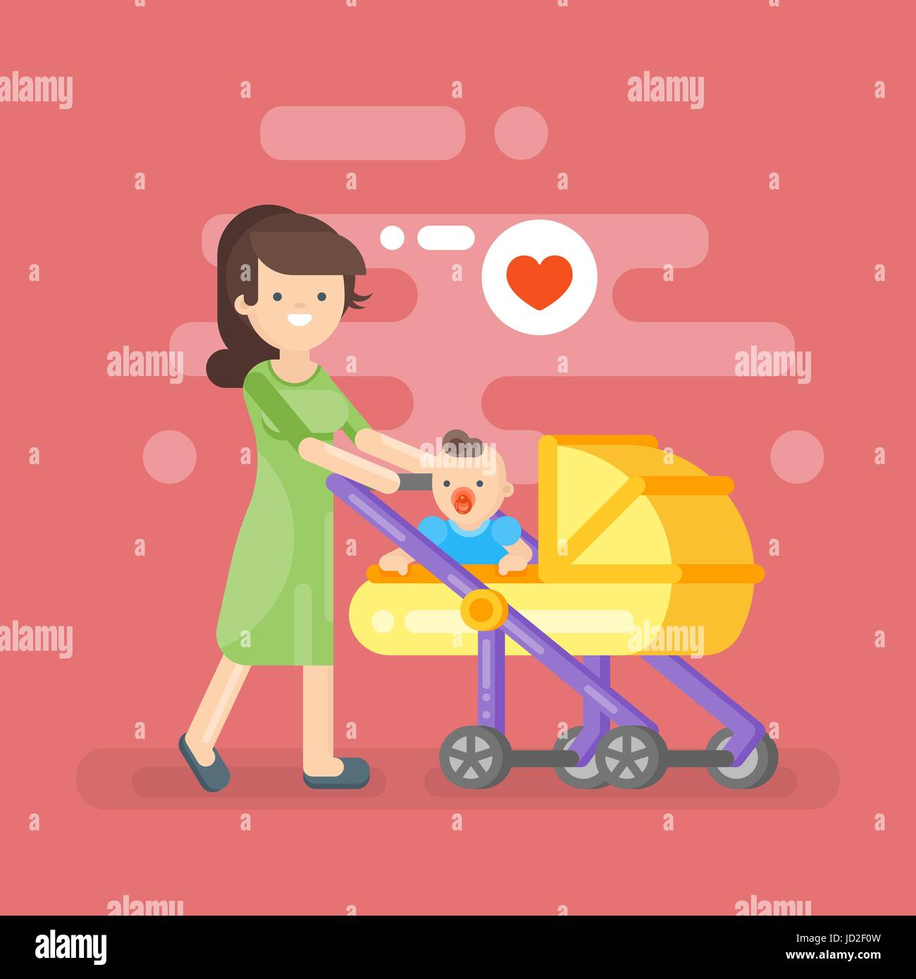 Vector illustration of happy mother caring her kid in baby stroller ...