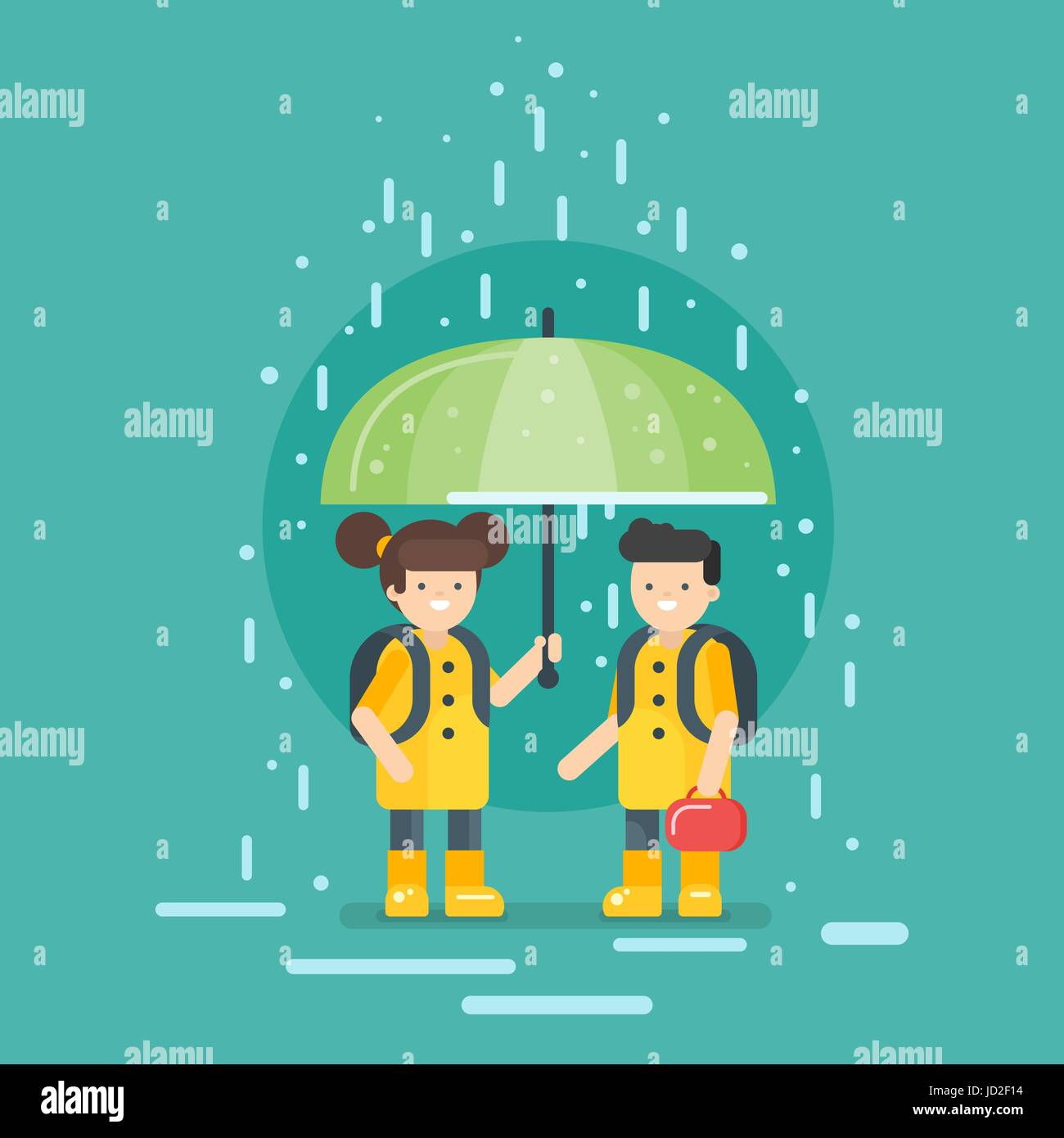 Vector illustration of smiling kids going to school in the rain. Back ...