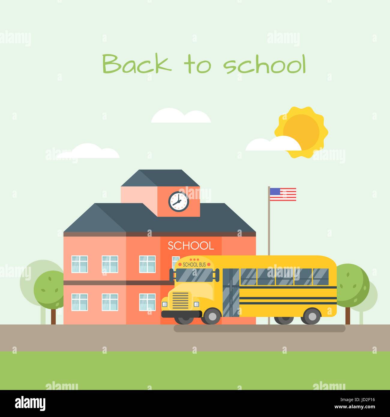 Vector illustration of school building and bus. Back to school concept ...