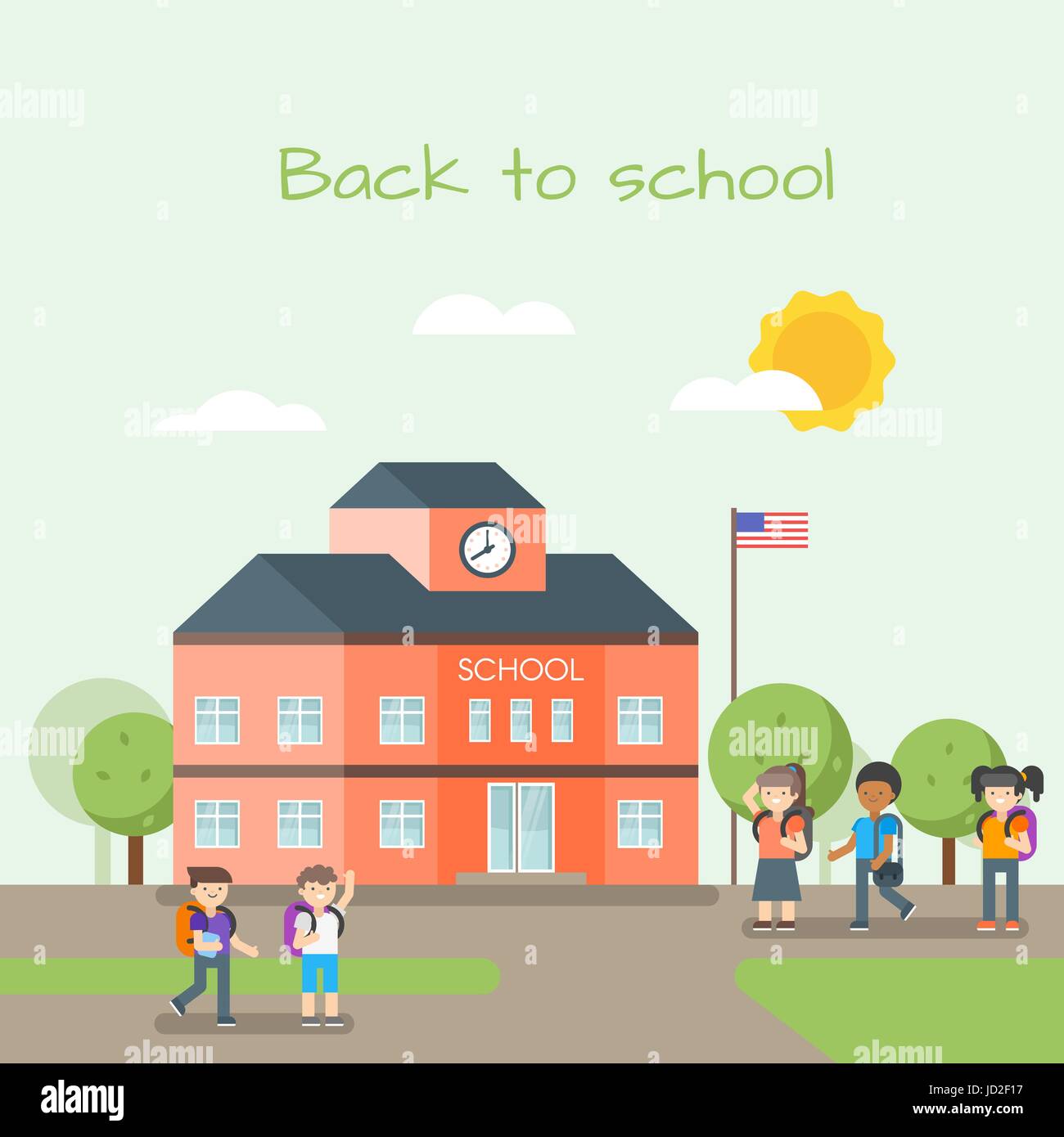 Vector illustration of school building and children. Back to school ...