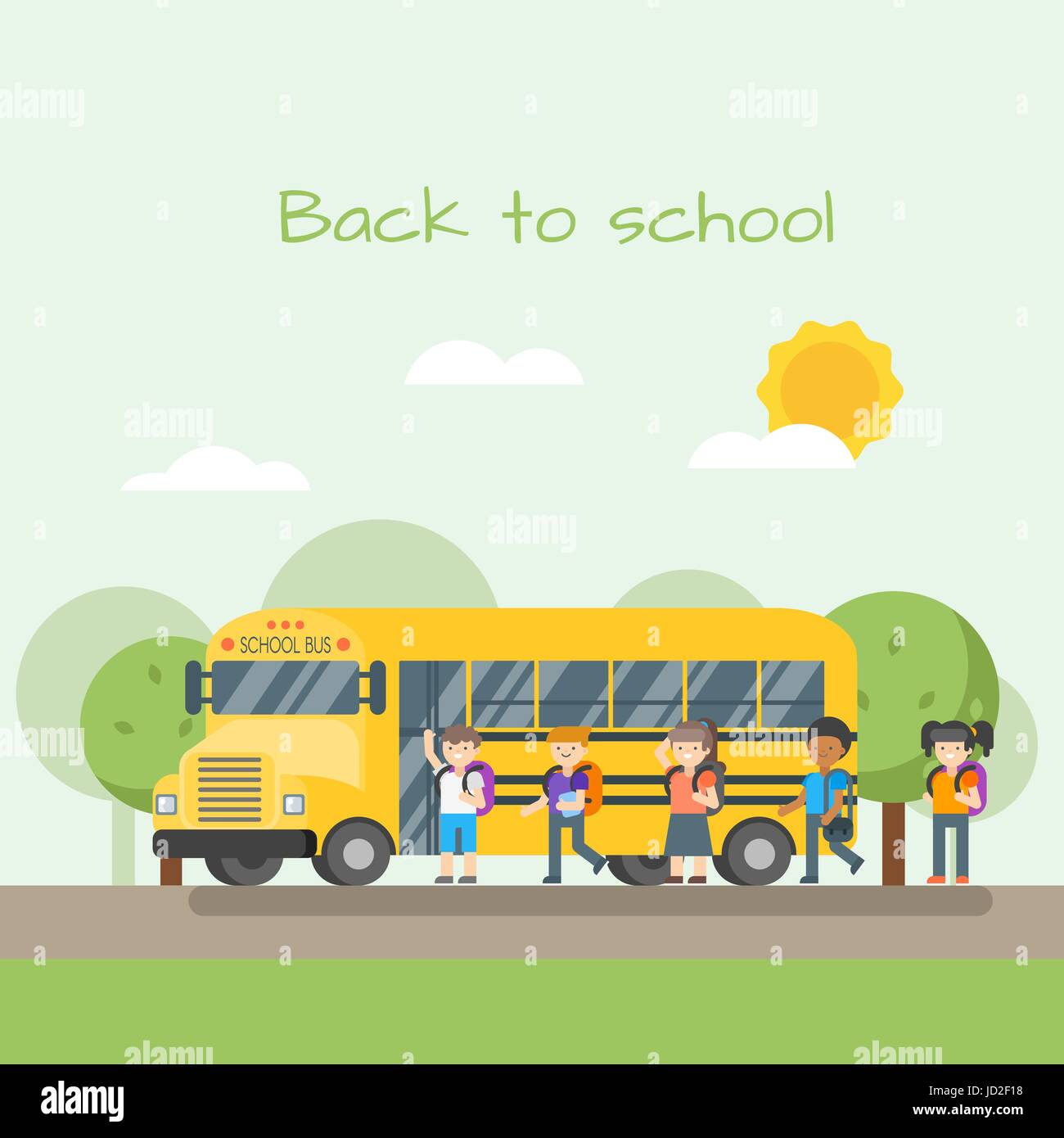 Vector illustration of school bus and children. Back to school concept ...