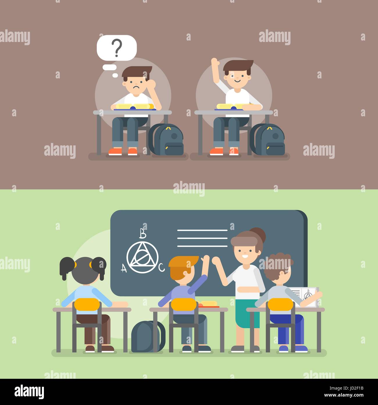 Vector illustration of kids at school. Back to school concept. Teacher ...