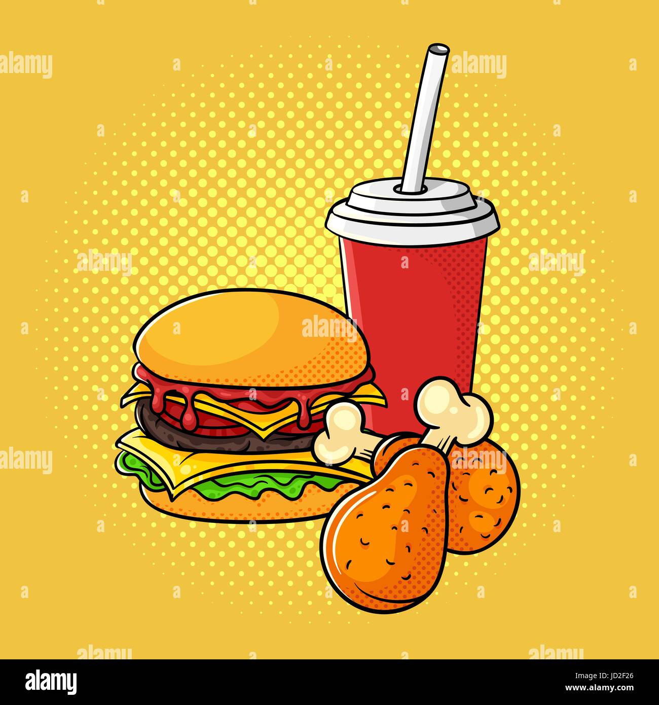 Vector hand drawn pop art illustration of burger, chicken legs, and ...