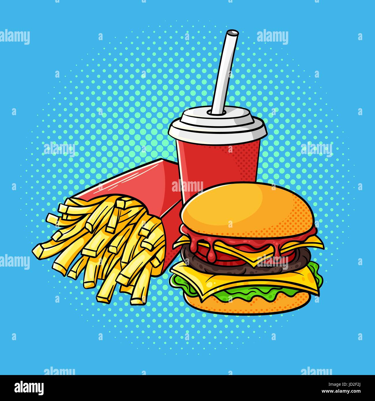 Vector hand drawn pop art illustration of hamburger, french fries and ...