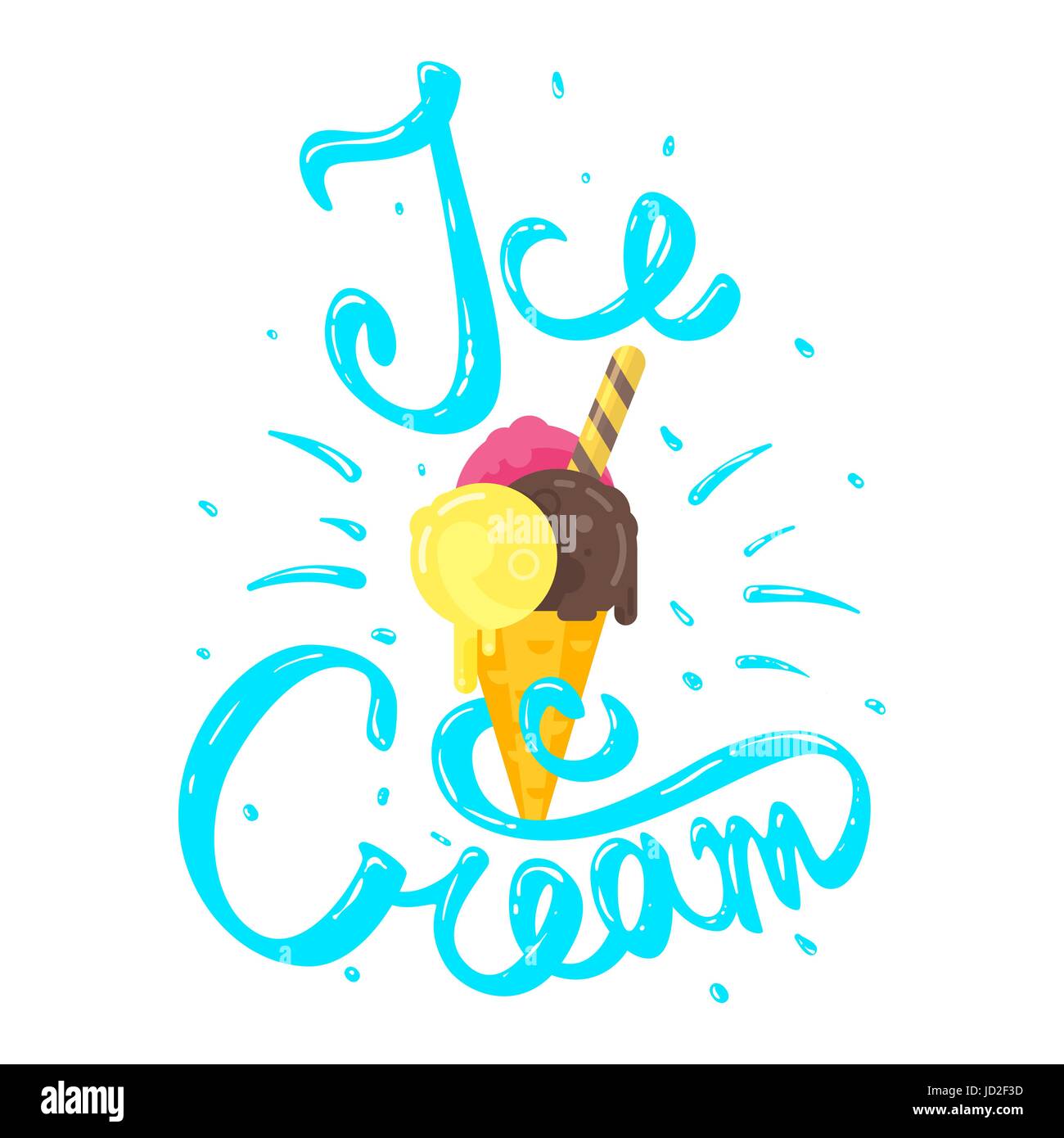Vector hand drawn calligraphy lettering phrase "Ice Cream" with flat ...