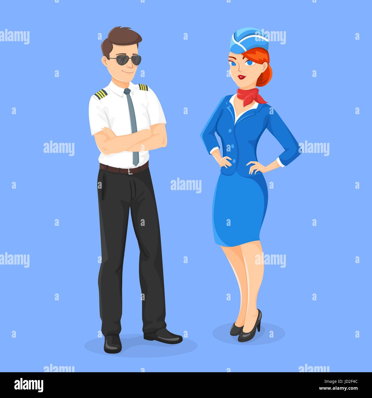 Vector flat style illustration of aircrew: pilot and stewardess ...