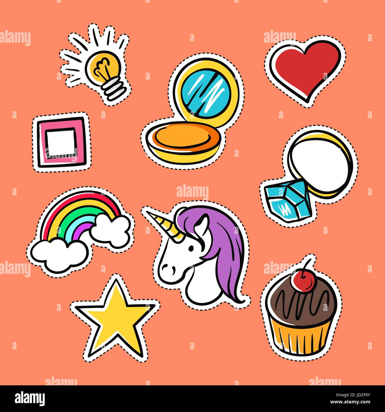 Vector set of fashionable patches: star, heart, ring, rainbow. Modern ...