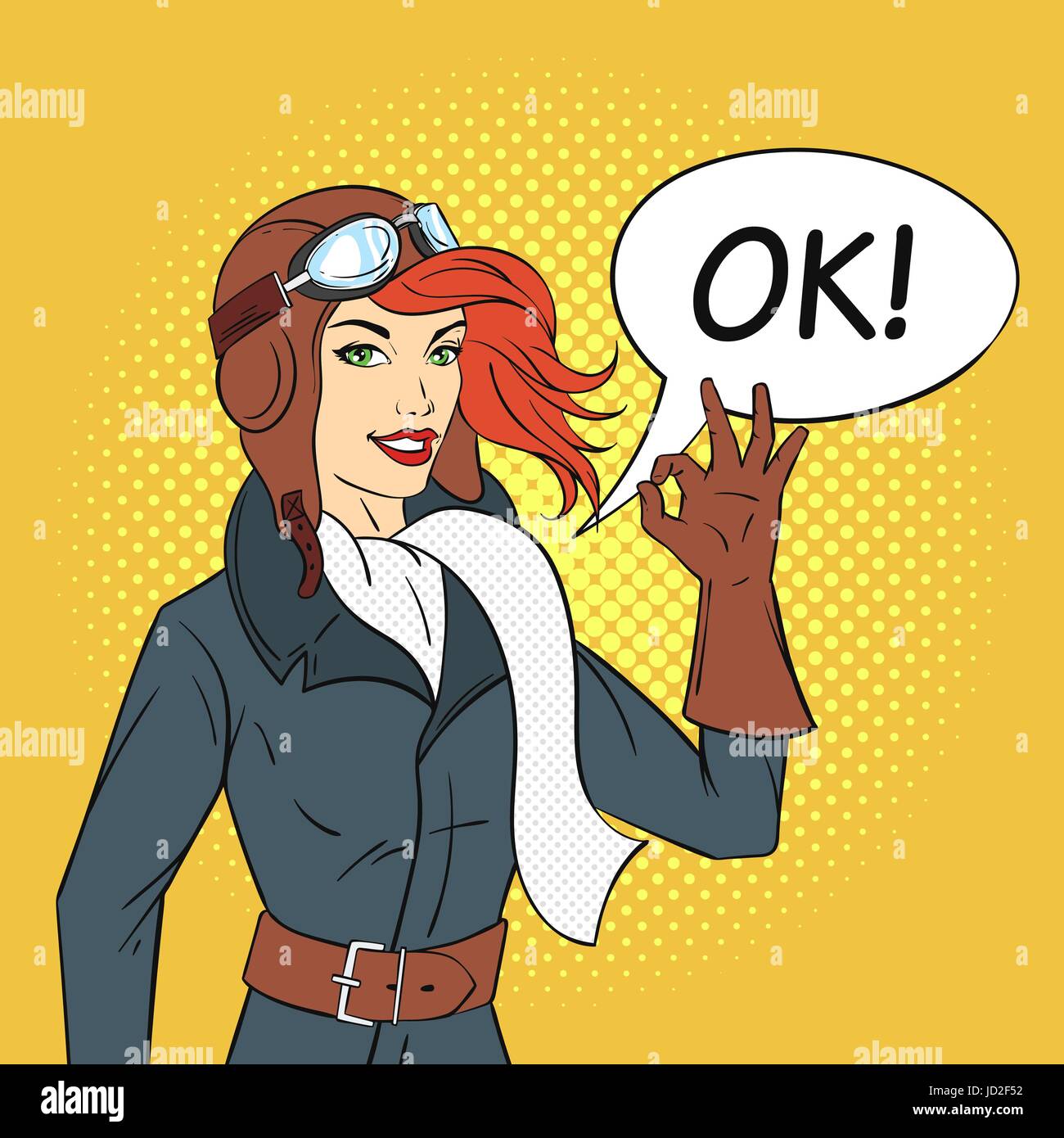 Vector hand drawn pop art style illustration of retro woman pilot with ...