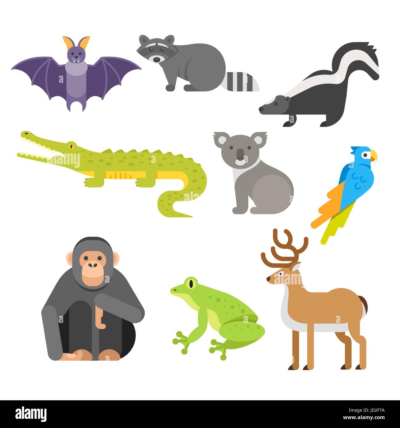Vector flat style set of animals. Crocodile, raccoon, monkey. Icon for ...