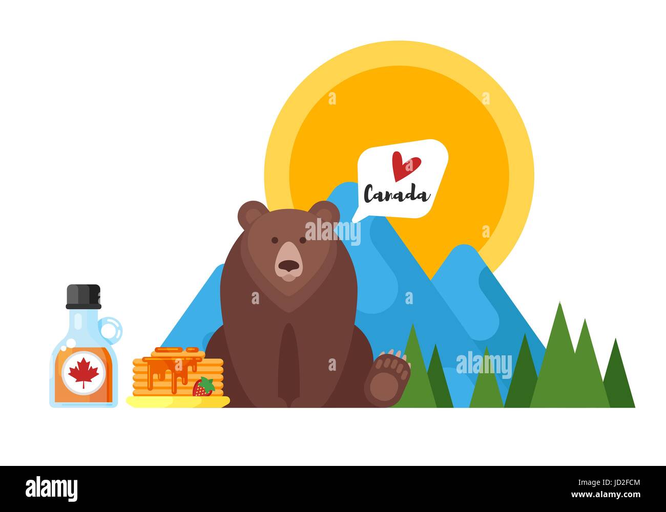 Vector flat style illustration of Canadian maple syrup and bear. Icon ...