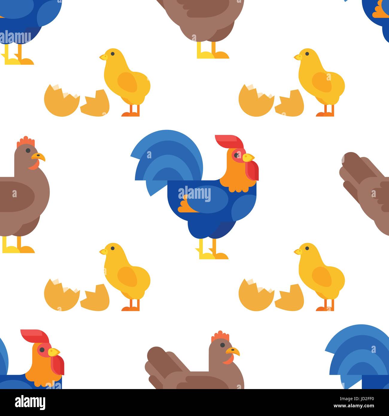 Vector flat style seamless pattern with rooster, hen and chickens. Icon ...