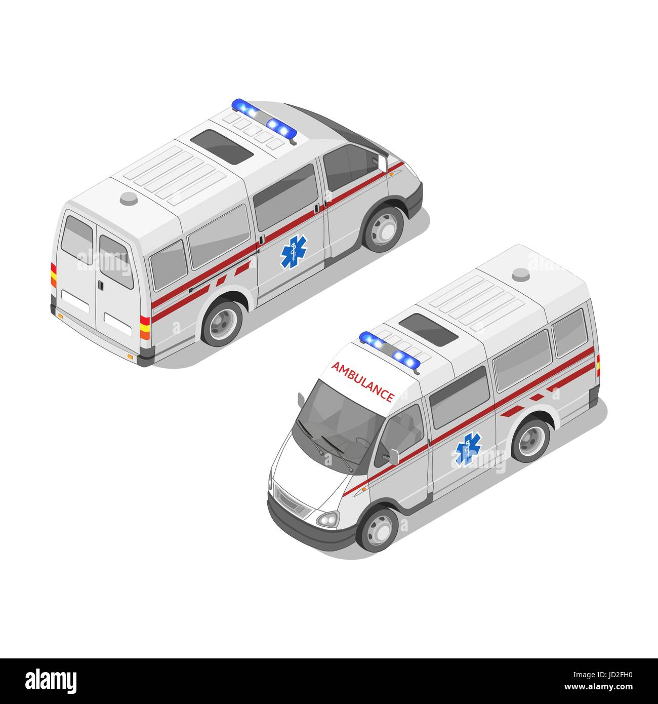 Vector realistic isometric 3d illustration of ambulance car. Back and ...