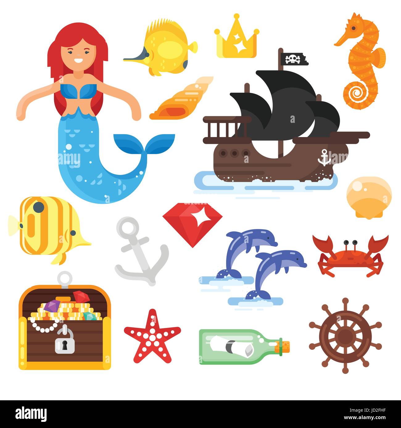 Vector flat style set of sea life icons. Isolated on white background ...