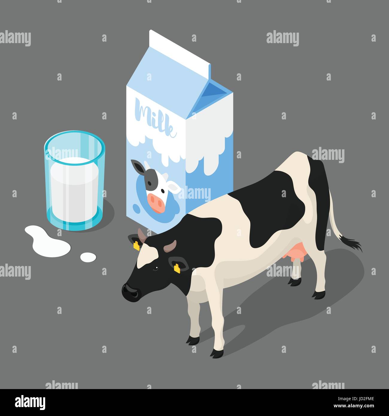 Vector 3d isometric illustration of milk packing, glass of milk and a ...