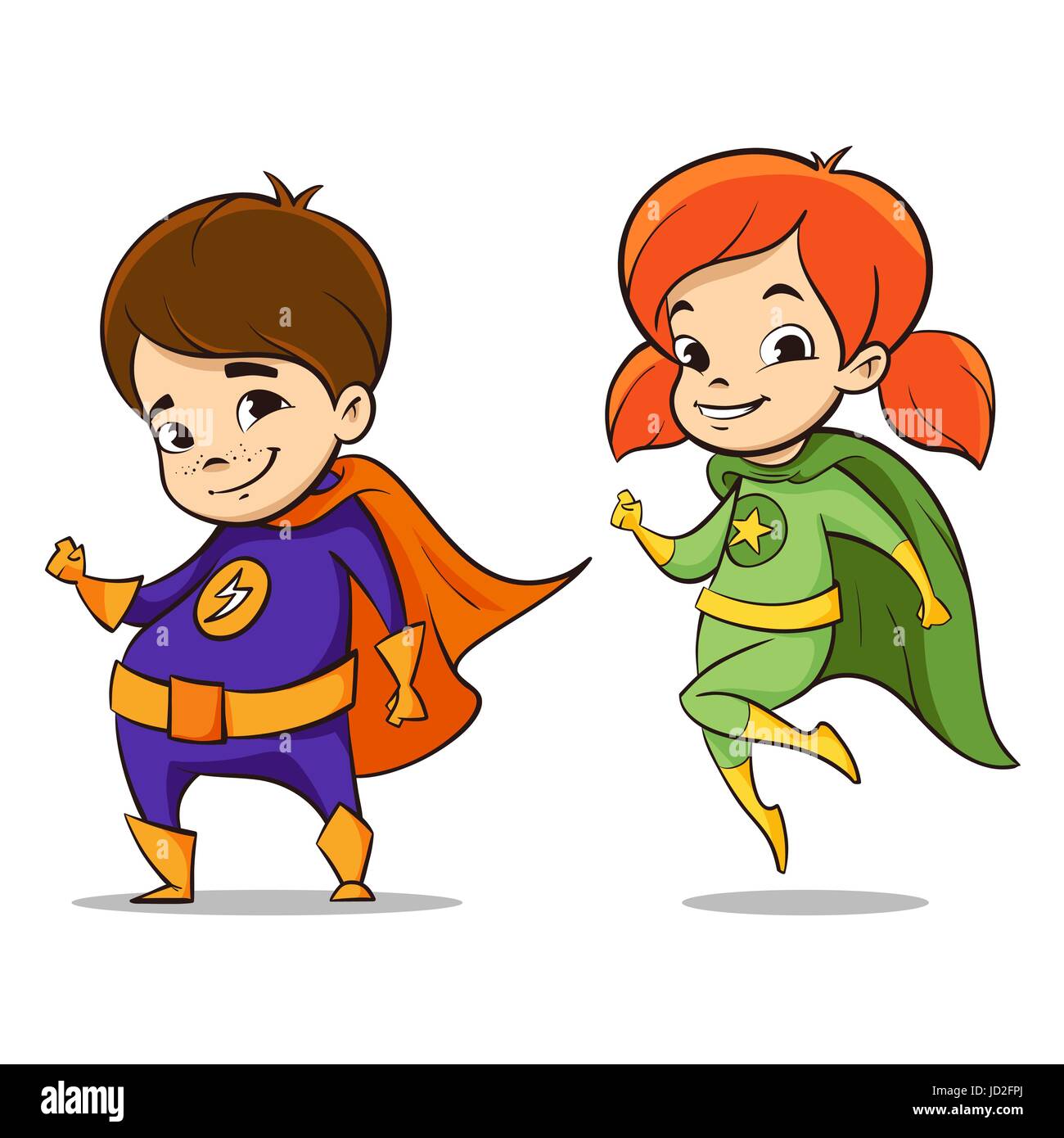 Vector hand drawn colorful illustration of two happy super hero kids ...