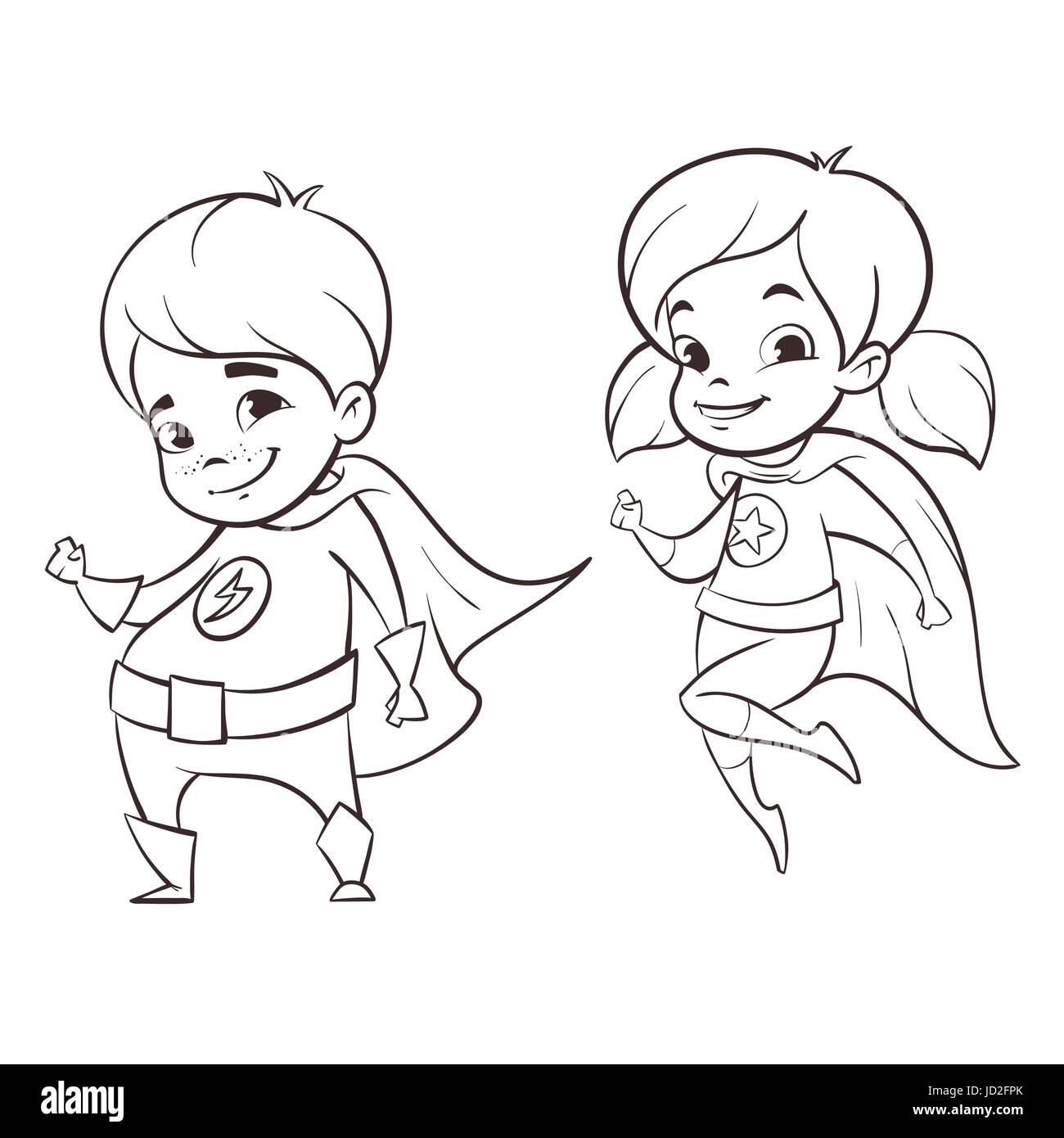 Vector hand drawn monochrome illustration of two happy super hero kids ...