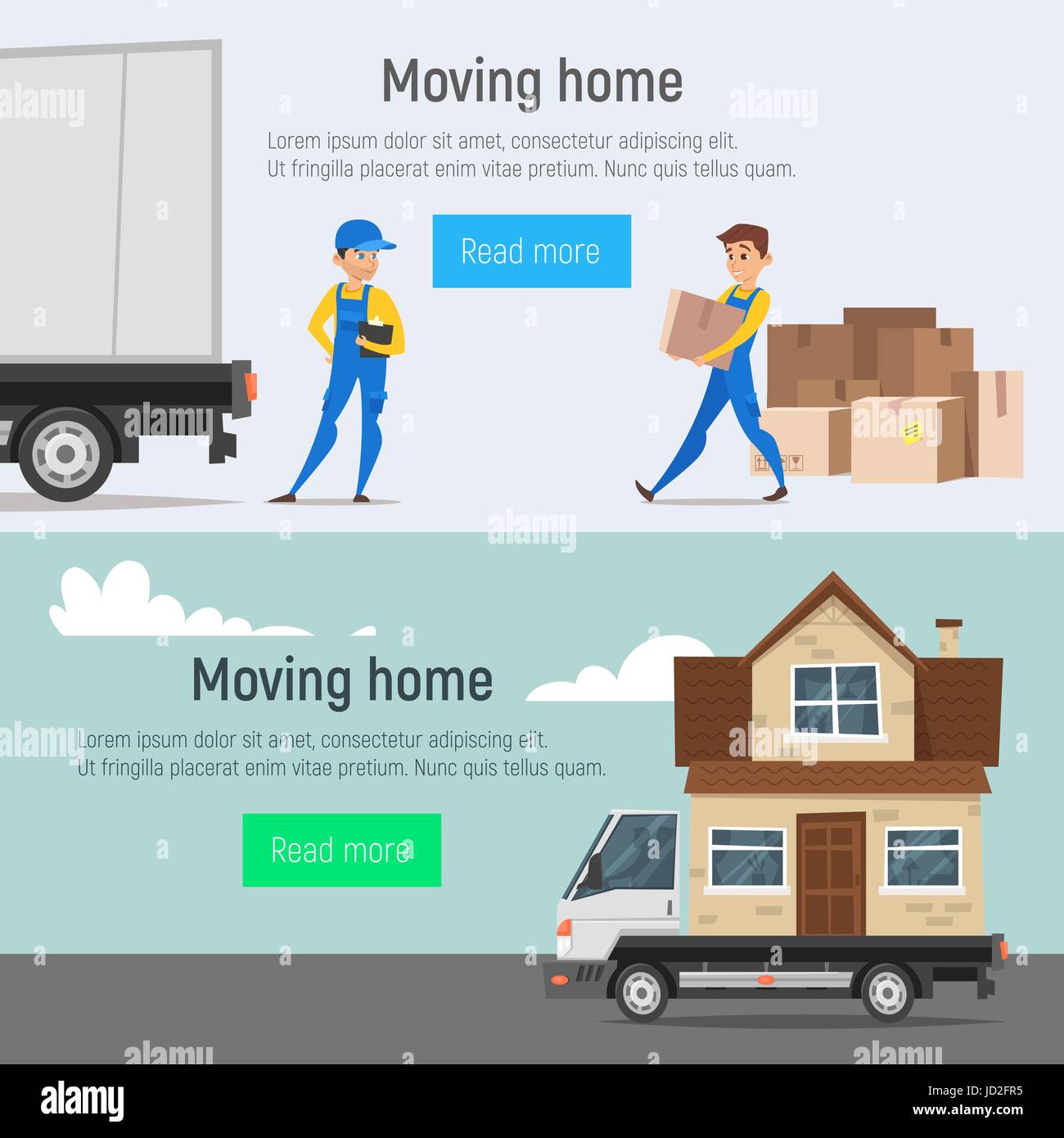 Vector cartoon style moving home banners of loaders movers man carrying ...
