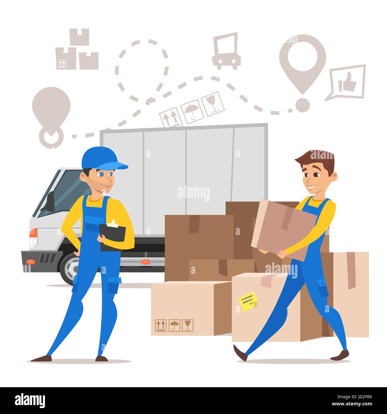Vector cartoon style illustration of loaders movers man carrying ...